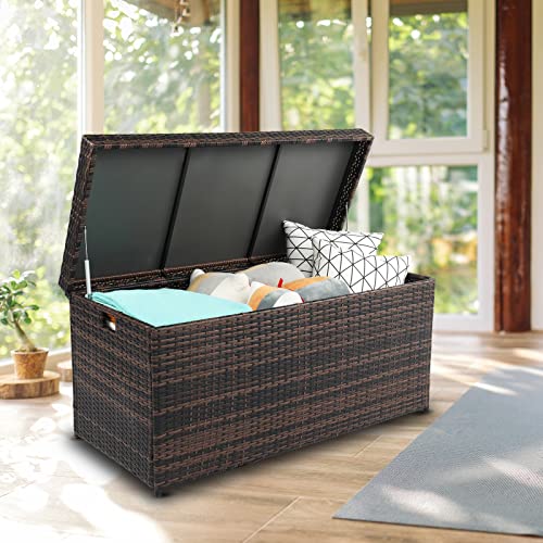 VINGLI Upgraded Version 136 Gallon Outdoor Storage Box, Patio Rattan Deck Box, Wicker Storage Bench for Indoor, Outdoor, Pool, Balcony, Yard, Garden – Dark Brown