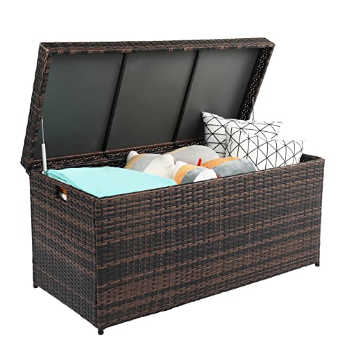 VINGLI Upgraded Version 136 Gallon Outdoor Storage Box, Patio Rattan Deck Box, Wicker Storage Bench for Indoor, Outdoor, Pool, Balcony, Yard, Garden – Dark Brown