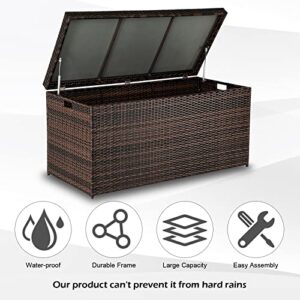 VINGLI Upgraded Version 136 Gallon Outdoor Storage Box, Patio Rattan Deck Box, Wicker Storage Bench for Indoor, Outdoor, Pool, Balcony, Yard, Garden – Dark Brown