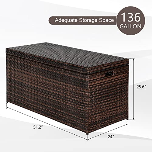 VINGLI Upgraded Version 136 Gallon Outdoor Storage Box, Patio Rattan Deck Box, Wicker Storage Bench for Indoor, Outdoor, Pool, Balcony, Yard, Garden – Dark Brown