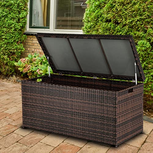 VINGLI Upgraded Version 136 Gallon Outdoor Storage Box, Patio Rattan Deck Box, Wicker Storage Bench for Indoor, Outdoor, Pool, Balcony, Yard, Garden – Dark Brown