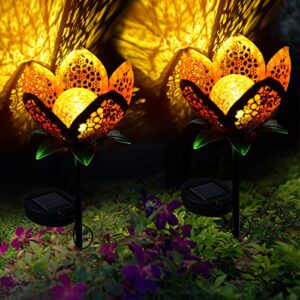 pannow large metal glass solar flowers yard art, garden solar lights outdoor,solar powered stake lights,decorative garden lights for walkway,pathway,yard,lawn,2pack