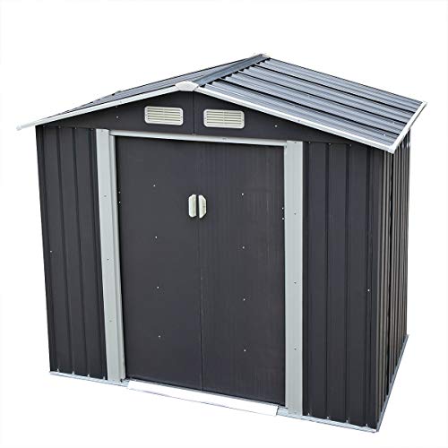 NBTiger 4.2’ x 7’ Large Outdoor Storage Shed, Sturdy Utility Tool Lawn Mower Equipment Organizer for Backyard Garden w/Gable Roof, Lockable Sliding Door, Vents - Grey