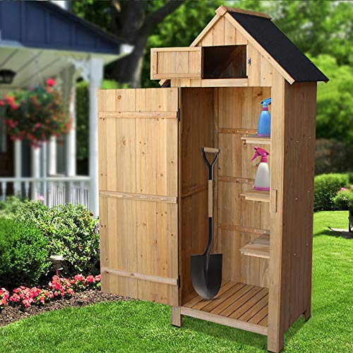 SSLine 70" Tall Outdoor Storage Shed Garden Backyard Tools Accessories Cabinet Organizer Patio Wooden Deck Box with Built-in Shelves and Lockable Door