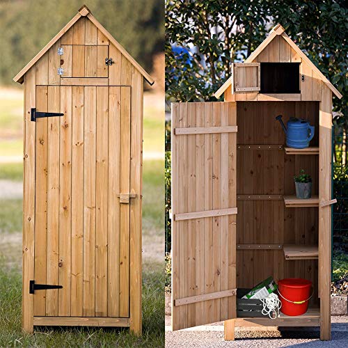 SSLine 70" Tall Outdoor Storage Shed Garden Backyard Tools Accessories Cabinet Organizer Patio Wooden Deck Box with Built-in Shelves and Lockable Door