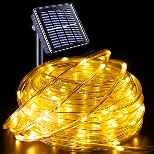 YEGUO Solar Rope Lights Outdoor Waterproof LED, 66ft 200 LED String Lights Outdoor, Clear PVC Tube Warm White Fairy Lights for Tree Deck Railing Patio Fence Balcony Porch Pool Path Yard Garden Camping