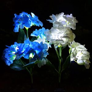 solar lights outdoor decorative 2 pack waterproof hydrangea silk flowers solar powered garden stake lights solar lights outdoor ground lights for patio garden yard lawn pathway (blue and white)