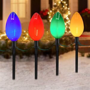 c9 christmas pathway stake lights, 7ft christmas pathway string lights with 4 jumbo c9 multicolor bulbs, stake, christmas decorations driveway markers lights for outdoor garden walkway party lighting