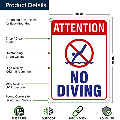 Attention No Diving Sign, 10" x 14" 0.40 Aluminum, Fade Resistance, Indoor/Outdoor Use, USA MADE By My Sign Center