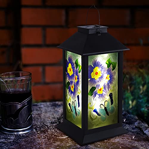 Large Solar Lantern Outdoor Hanging Lights, Waterproof 20 LED Decorative Garden Lights, Glass Solar Lanterns Table Lamps with Butterfly Flowers Pattern for Yard Patio Pathway Deck Decor