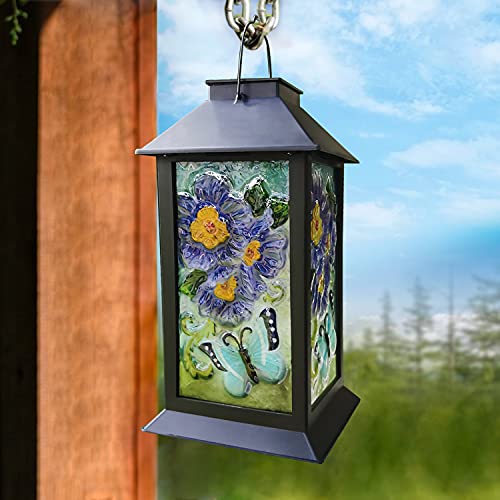 Large Solar Lantern Outdoor Hanging Lights, Waterproof 20 LED Decorative Garden Lights, Glass Solar Lanterns Table Lamps with Butterfly Flowers Pattern for Yard Patio Pathway Deck Decor