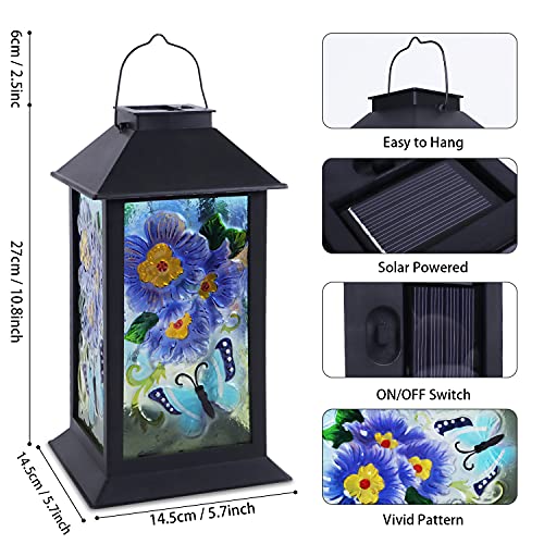 Large Solar Lantern Outdoor Hanging Lights, Waterproof 20 LED Decorative Garden Lights, Glass Solar Lanterns Table Lamps with Butterfly Flowers Pattern for Yard Patio Pathway Deck Decor