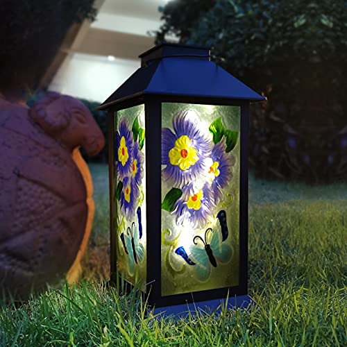 Large Solar Lantern Outdoor Hanging Lights, Waterproof 20 LED Decorative Garden Lights, Glass Solar Lanterns Table Lamps with Butterfly Flowers Pattern for Yard Patio Pathway Deck Decor