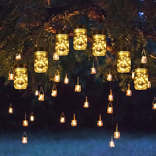 Solpex Solar Mason Jar Lights 30 LEDs, 6 Pack Fairy Hanging Solar Outdoor String Lights with Jars and Hangers, Waterproof Decorative Fairy Solar Lantern Lights for Garden Balcony Patio- Warm White