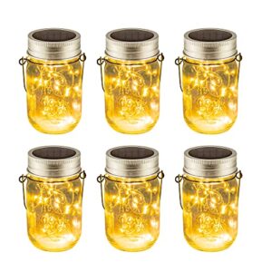 Solpex Solar Mason Jar Lights 30 LEDs, 6 Pack Fairy Hanging Solar Outdoor String Lights with Jars and Hangers, Waterproof Decorative Fairy Solar Lantern Lights for Garden Balcony Patio- Warm White