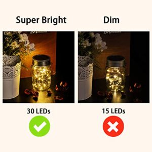 Solpex Solar Mason Jar Lights 30 LEDs, 6 Pack Fairy Hanging Solar Outdoor String Lights with Jars and Hangers, Waterproof Decorative Fairy Solar Lantern Lights for Garden Balcony Patio- Warm White