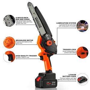 Brushless Mini Chainsaw Cordless 6 Inch 8 Inch with 2Pcs Lithium Battery and Auto-oil System, Electric Rechargeable 21v Small Handheld Portable Saws Yard Tool for Wood Cutting Tree Branches Trimming