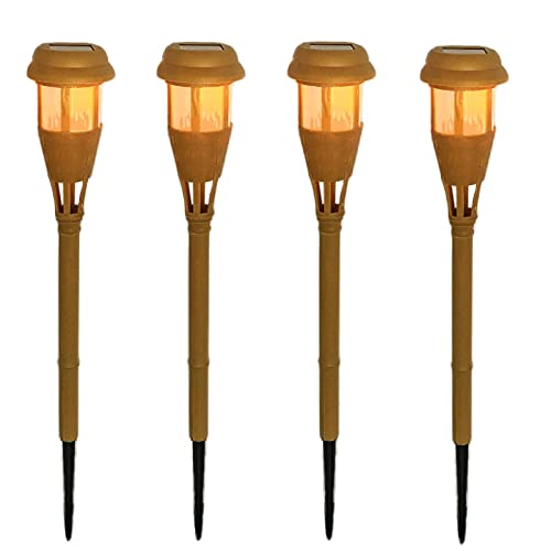 LINGYING 4 Pack Solar Torch Lamps,Outdoor Garden Lights，Simulated Bamboo Torch lamp for Ground Lawn Patio Yard,Solar Flame Torch Waterproof Warm White Solar Powered Garden Light