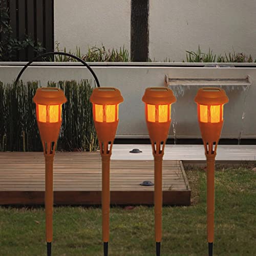 LINGYING 4 Pack Solar Torch Lamps,Outdoor Garden Lights，Simulated Bamboo Torch lamp for Ground Lawn Patio Yard,Solar Flame Torch Waterproof Warm White Solar Powered Garden Light