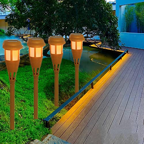 LINGYING 4 Pack Solar Torch Lamps,Outdoor Garden Lights，Simulated Bamboo Torch lamp for Ground Lawn Patio Yard,Solar Flame Torch Waterproof Warm White Solar Powered Garden Light