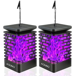 99leds solar lantern purple, aounq upgraded flickering flame hanging solar lantern solar lights outdoor waterproof, solar hanging lanterns outdoor halloween decorations for patio,garden,yard (2pack)