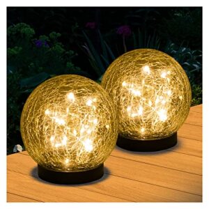 solar lights outdoor garden decorative – 2 pack solar globe lights upgrade waterproof with 30 leds cracked glass ball lights for yard patio pathway lawn outside decor (4.73″)