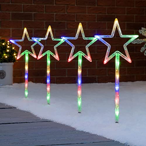 Solar Christmas Star Lights Outdoor Pathway Markers , Set of 4 Pre-lit Xmas Star Decoration Stake for Path, Yard, Lawn, Garden, Landscape