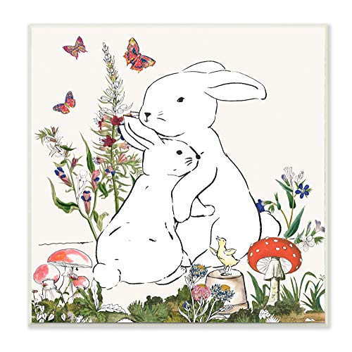 Stupell Industries Rabbit Hugs in Spring Meadow Butterfly Garden, Design by Sangita Bachelet Wall Plaque, 12 x 12, Off-White