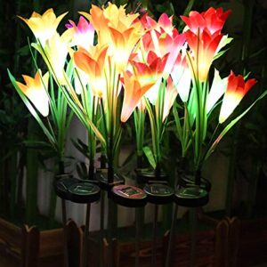 Solar Flower Lights Outdoor Waterproof, BOOTOP 4 Pack Solar Garden Stake Lights with 16 Lily Flowers, Solar Flowers, Solar Lily Flower Lights for Garden Yard Pathway Decoration