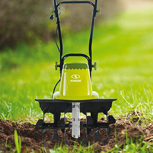 Sun Joe TJ604E 16-Inch 13.5 AMP Electric Garden Tiller/Cultivator,Black & AJ801E 13 in. 12 Amp Electric Scarifier + Lawn Dethatcher w/Collection Bag, Green