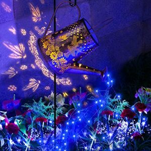 watering can with lights, solar garden lights with fairy butterfly decor star shower art hanging waterfall lights outdoor decor for table patio yard pathway walkway (blue)