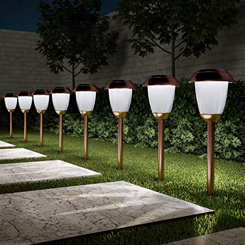 Pure Garden Solar Path Lights, Set of 8-16” Tall Stainless Steel Outdoor Stake Lighting for Garden, Landscape, Yard, Driveway, Walkway (Copper)