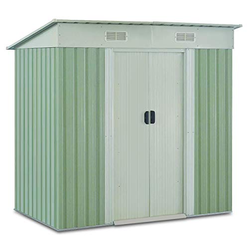 Goplus Garden Storage Shed Galvanized Steel Outdoor Heavy Duty Tool House w/Sliding Door, 4 x 6.2 Ft (Green)