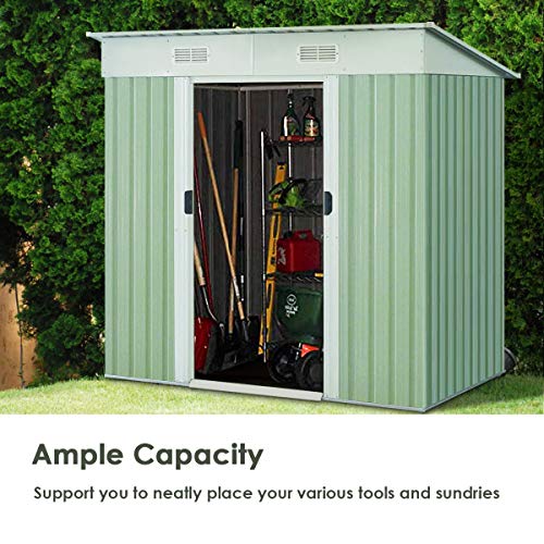 Goplus Garden Storage Shed Galvanized Steel Outdoor Heavy Duty Tool House w/Sliding Door, 4 x 6.2 Ft (Green)