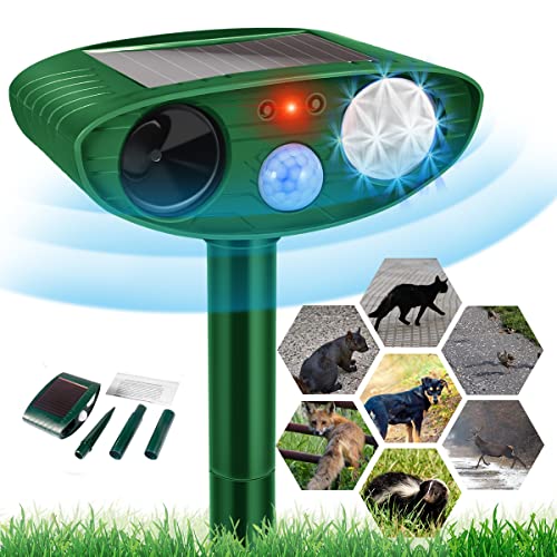 Ultrasonic Cat Deterrent, Solar Powered Deterrent Device with Motion Sensor and Flashing Light, Waterproof Device for Farm, Garden, Yard, Dogs, Birds