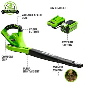 Greenworks 40V (150 MPH / 130 CFM) Cordless Leaf Blower, 2.0Ah Battery and Charger Included