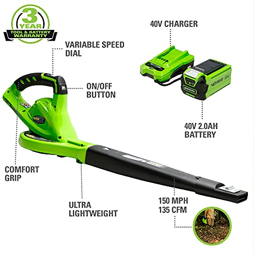 Greenworks 40V (150 MPH / 130 CFM) Cordless Leaf Blower, 2.0Ah Battery and Charger Included