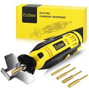 EzzDoo Electric Chainsaw Sharpener Kit with TITANIUM-PLATED Diamond Bits - High-Speed Chain saw Sharpener Tool and 4 Sizes High Hardness Sharpening Wheels For All Chainsaw Chains