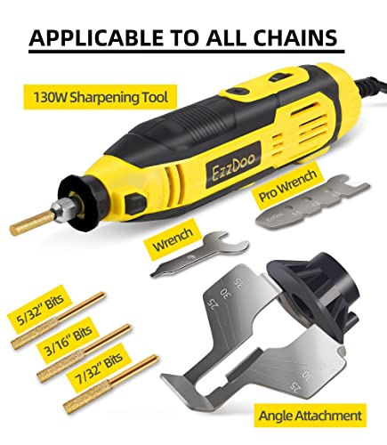 EzzDoo Electric Chainsaw Sharpener Kit with TITANIUM-PLATED Diamond Bits - High-Speed Chain saw Sharpener Tool and 4 Sizes High Hardness Sharpening Wheels For All Chainsaw Chains