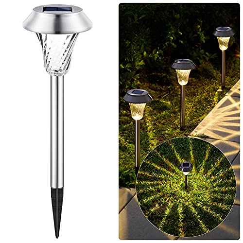 8 Pack Solar Pathway Lights Outdoor - Super Bright 3000K Solar Garden Lights with Sunshine Mark Shadowing, Waterproof Stainless Steel LED Landscape Lights for Lawn Yard Walkway Decor, Silver