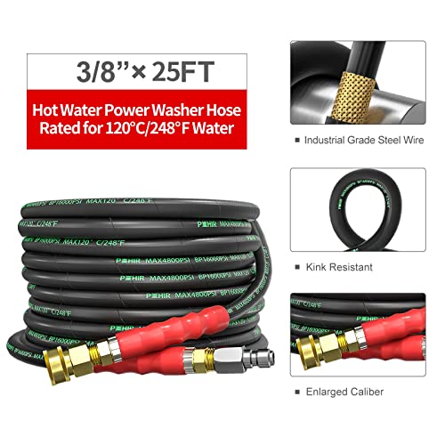 POHIR 3/8 Inch Pressure Washer Hose 25 FT with Adapter Set, 4800PSI Hot and Cold Water Max 248°F，Pressure Washer Garden Water Hose Adapter 14 Pack Full Set, 3/8 Power Washer Quick Disconnect Kit