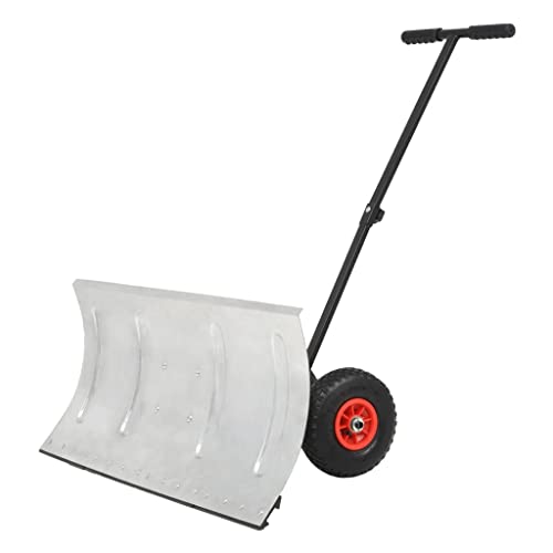 vidaXL Manual Snowplough with Wheels Snow Removal Pusher Blower Outdoor Garden Driveway Sidewalk Pathway Shovel Black and Red Steel