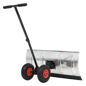 vidaXL Manual Snowplough with Wheels Snow Removal Pusher Blower Outdoor Garden Driveway Sidewalk Pathway Shovel Black and Red Steel