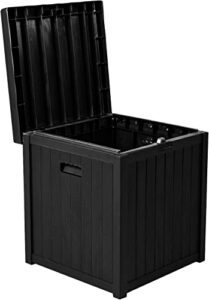 patiomore 51 gallon deck box resin outdoor storage box for gardening tools, patio cushions & pillows, pet stuff and pool accessories, black