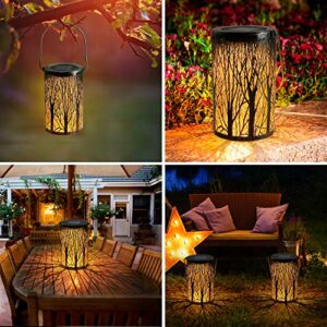 Solar Lanterns Outdoor Waterproof, 2 Pack LED Hanging Lanterns Solar Powered with Handle Waterproof, Decorative Retro Metal Solar Light for Table Garden Patio Yard Pathway Walkway Tree Fence Christmas