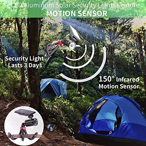 Outdoor Solar Motion Sensor Camping Lights of 2 Aluminum 9W 1400-Lumen (130W Equi.) LED Solar Flood Security Spot Lights for Patio Path Porch Garden Camp, 100-Week Protection for 100% Free