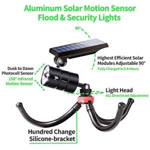 Outdoor Solar Motion Sensor Camping Lights of 2 Aluminum 9W 1400-Lumen (130W Equi.) LED Solar Flood Security Spot Lights for Patio Path Porch Garden Camp, 100-Week Protection for 100% Free