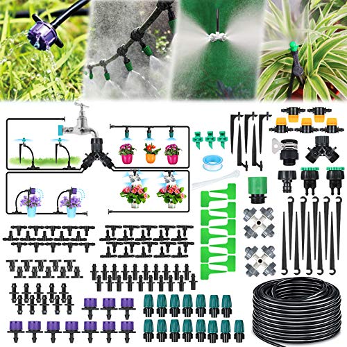 40m/132ft Irrigation Hose, 163Pcs Garden Irrigation System Micro Drip Irrigation Kit with Y Hose Splitter & 4 Types Nozzles & 5 Tubing Valves, DIY Auto Plant Watering Kit Misting Cooling System