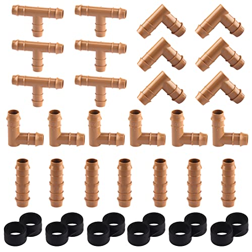 28PCS 1/2 in Drip Irrigation Fittings Kit, Irrigation Tubing Parts, Barbed Connector Include 10 Couplings, 6 Tees, 6 Elbows, 6 End Caps, Drip Line Connectors for Garden Drip or Sprinkler System