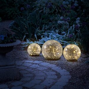 Solar Gazing Ball Light - 4 Inch Diameter Small Globe, Waterproof for Outdoor Use, Crackle Glass, Warm White LED Fairy Lights, Dusk to Dawn Timer, Garden/Pathway Decoration - Battery Included